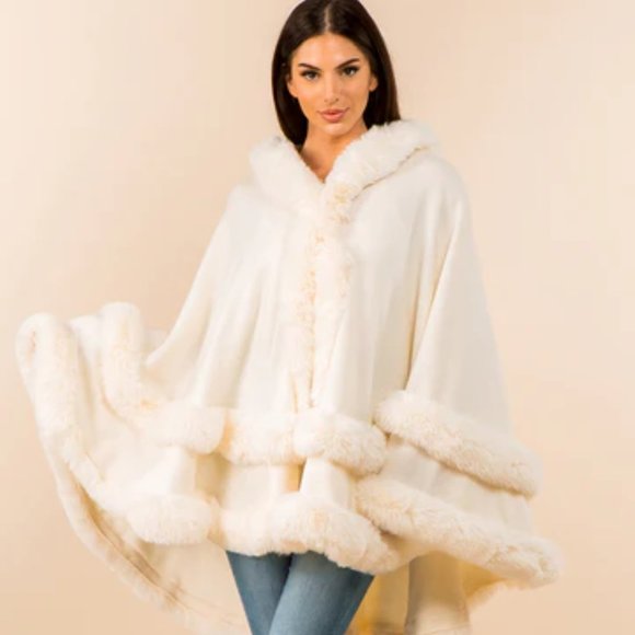 Jackets & Coats | Faux Fur Trim Cape Ruana With Hood | Poshmark